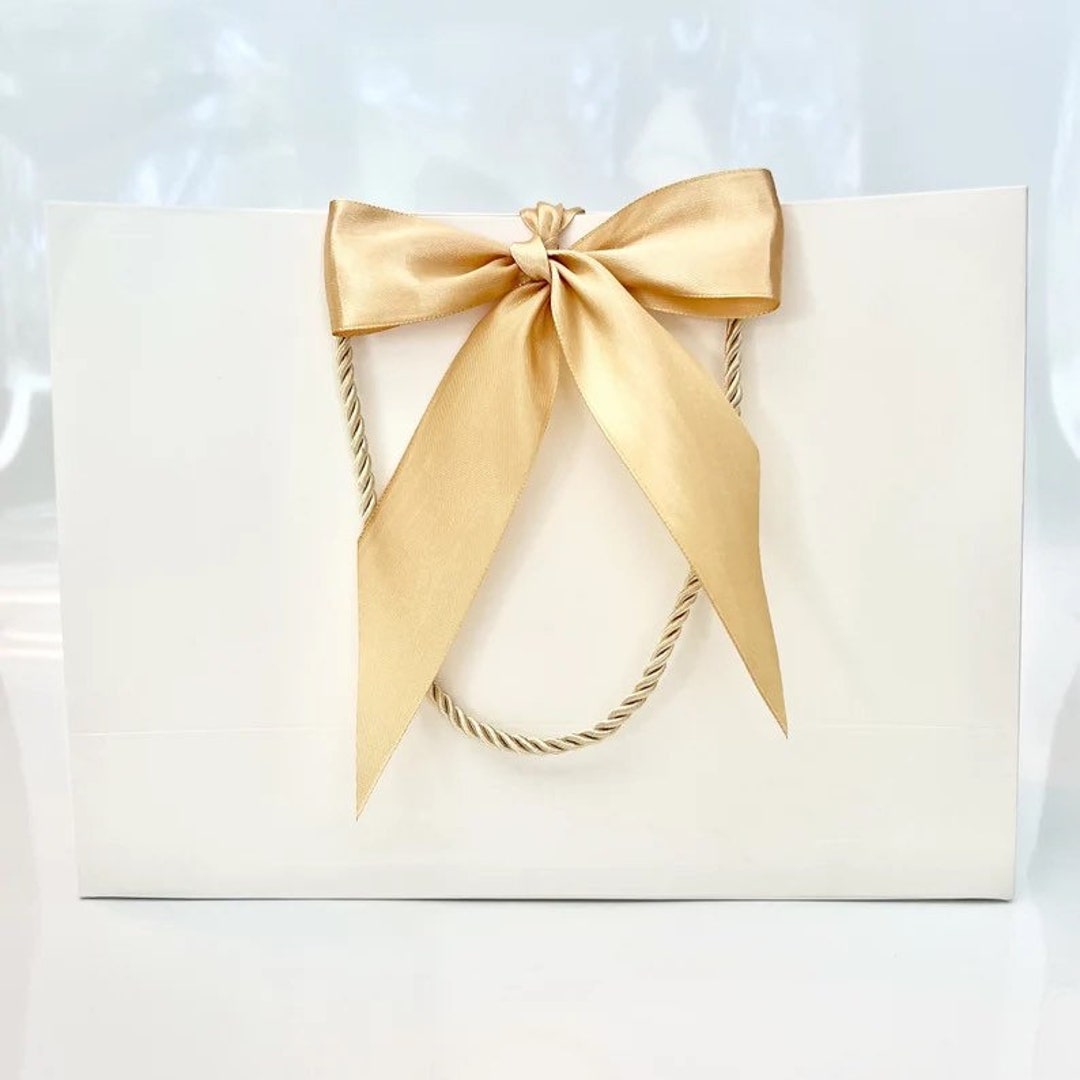 Elegant White Gift Bag: Wide Gold Satin Ribbon (13-3/4" X 11-3/4" X 4-1 ...