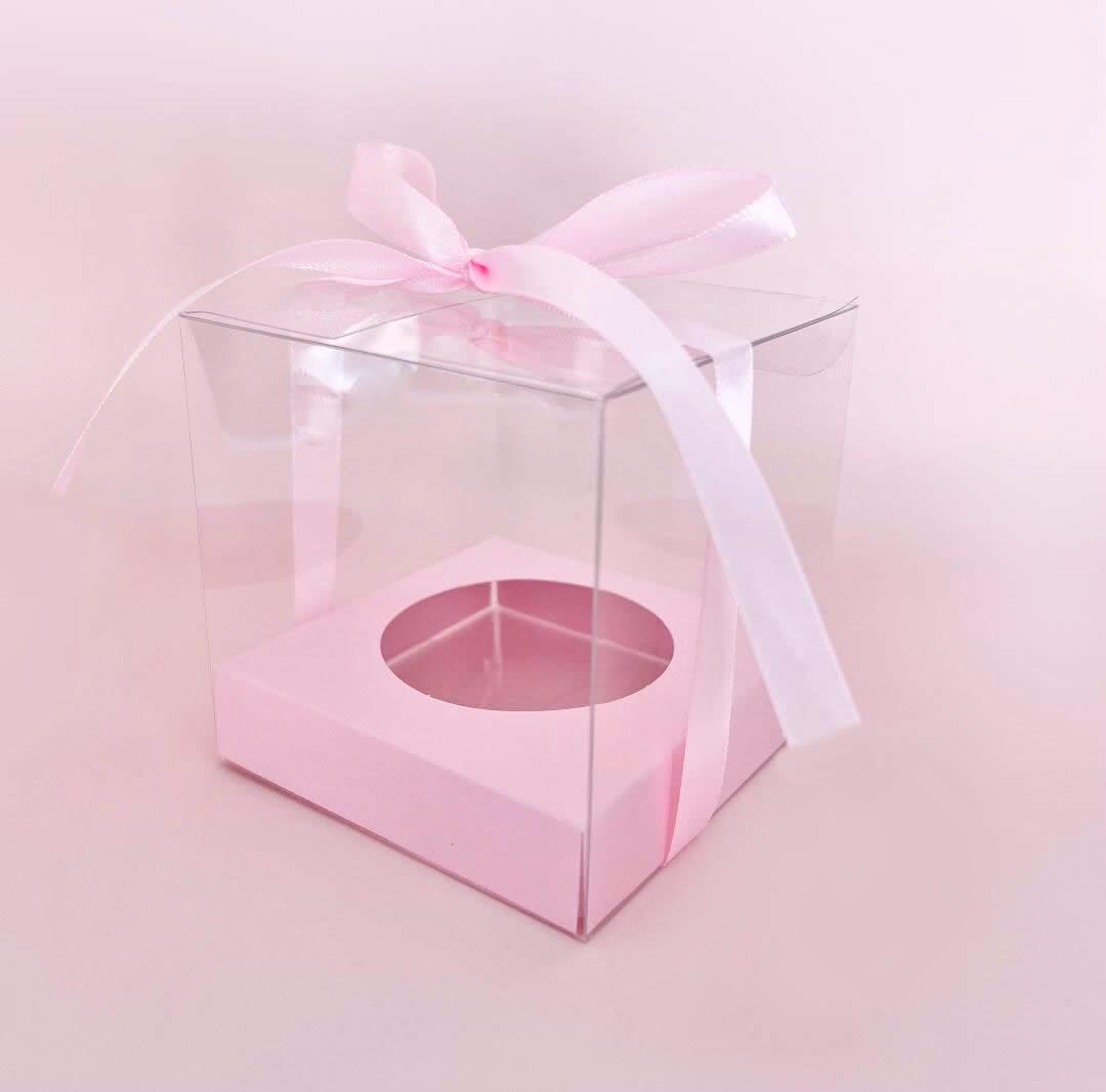 Pink Cupcake Boxes: Clear Party Favor With Ribbon and Holder - Set of ...
