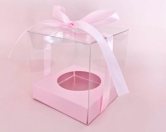 Pink Cupcake Boxes: Clear Party Favor With Ribbon and Holder - Set of ...