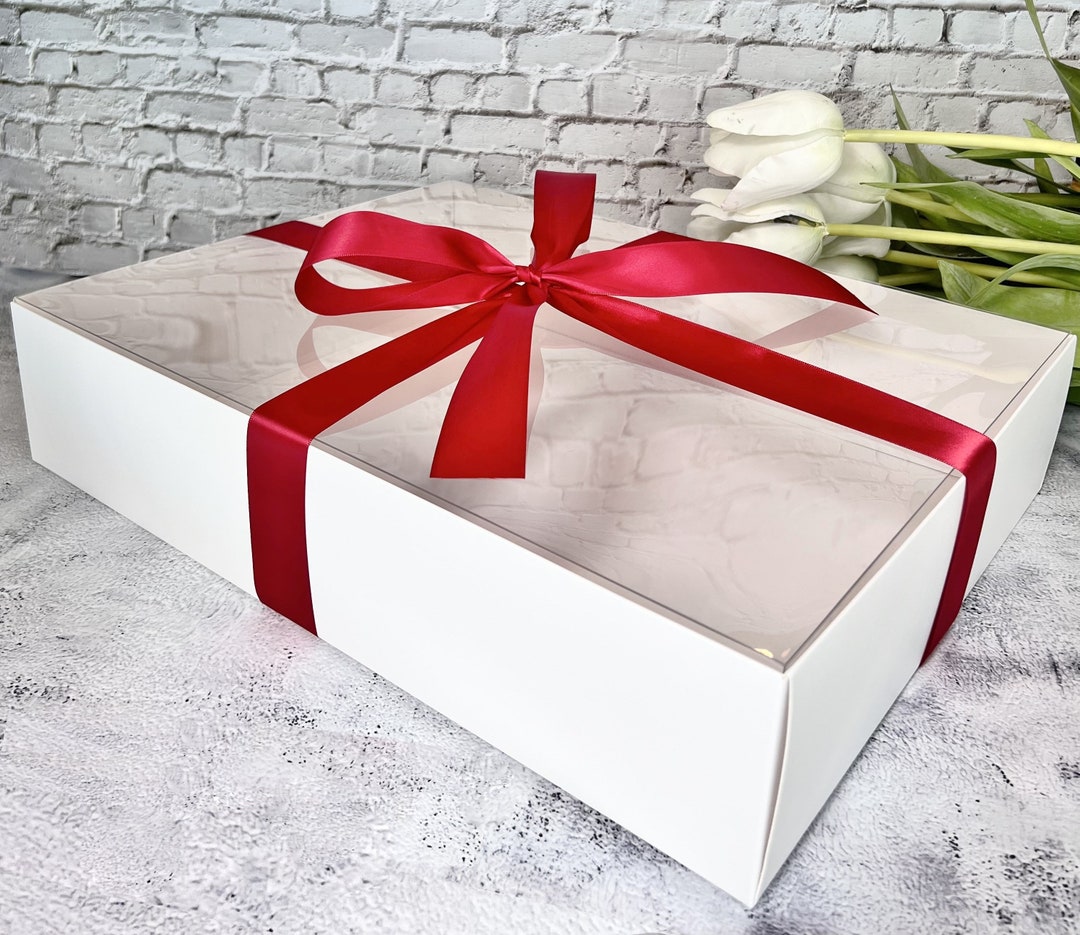 Large Elegant White Gift Box With Clear Lid (18x14x4 Inch) - Set of 2 ...