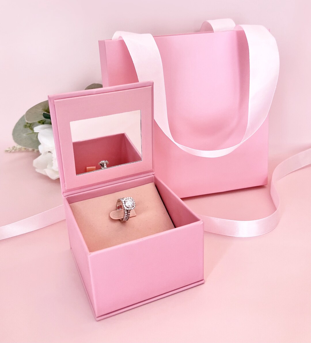 Pink Hard Gift Box With Mirror and Magnetic Closure, Matching Gift Bag ...