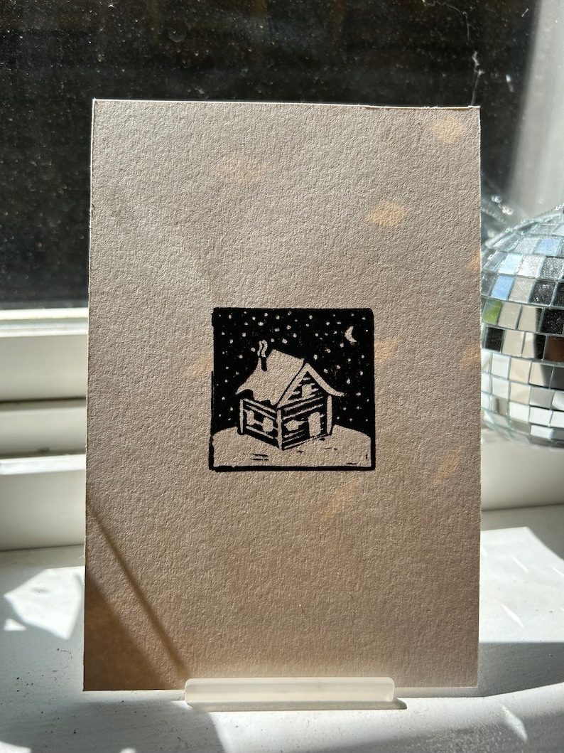 Cabin Snow Lino Print, Home, Gift, Handmade, Tiny Print, Wall Art ...