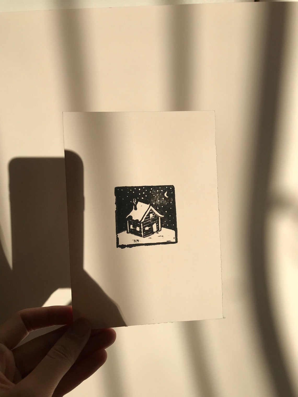 Cabin Lino Print, Original Handmade, Christmas Wall Art, Tiny Print 4x6 ...