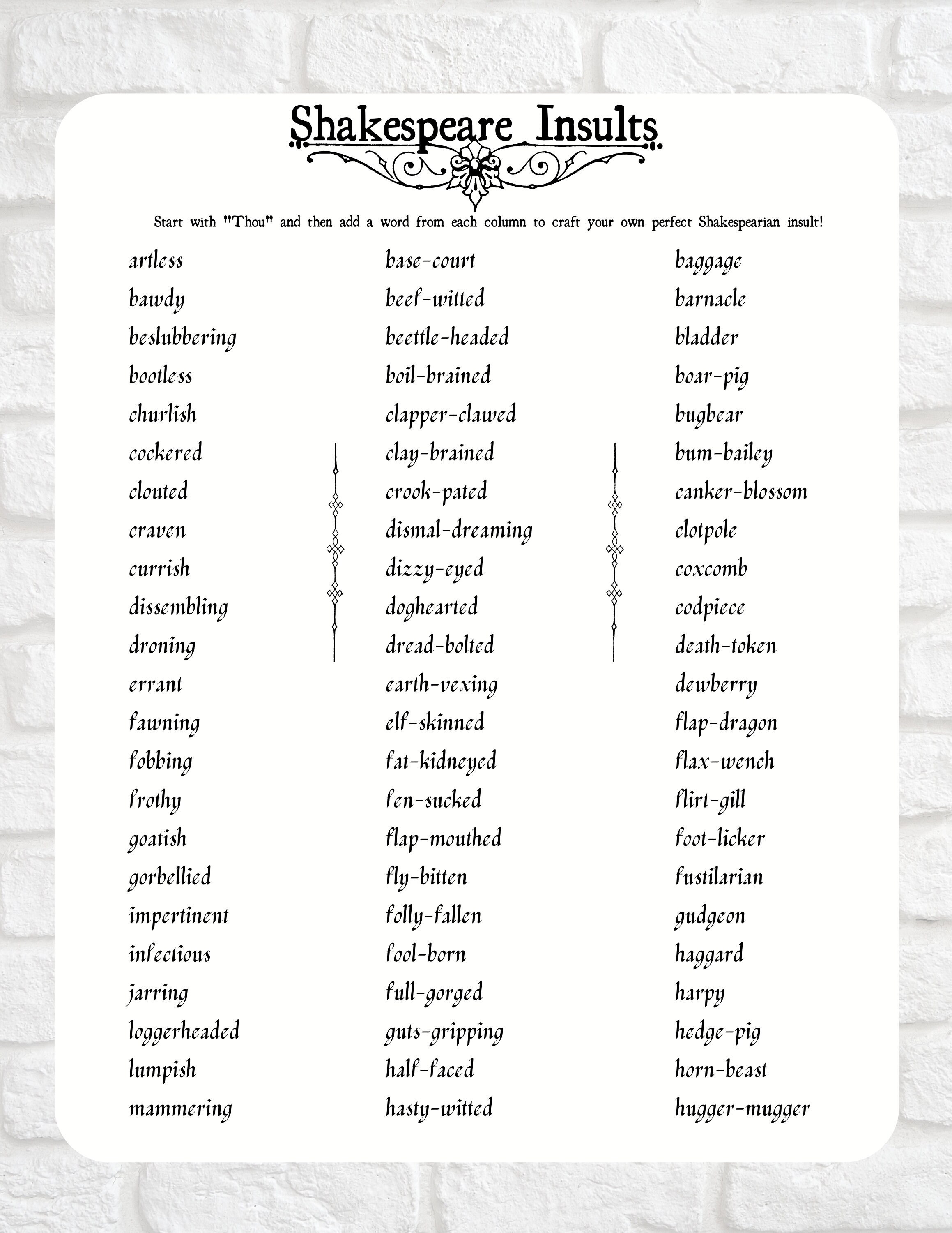 Shakespearian Insults Two Sheets of Funny Mix-and-match Diy - Etsy