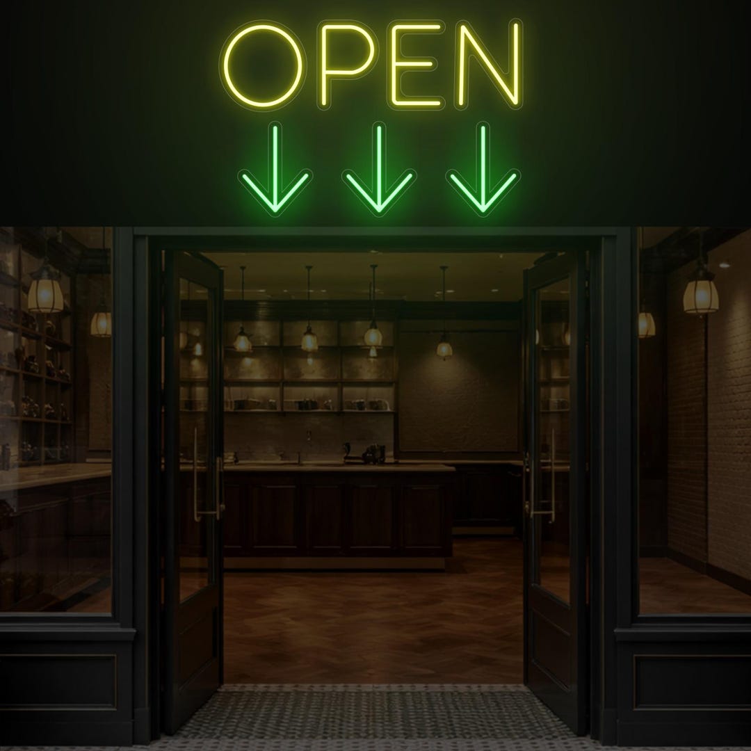Vertical Lighted Open Neon Arrow Sign Down, OPEN Business Neon Sign ...