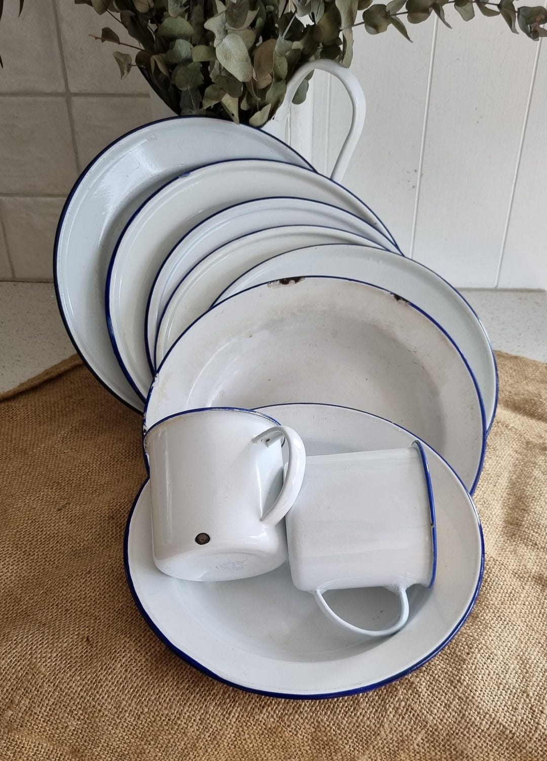 Vintage Set of 9 White Enamelware Kitchenware Pieces - Etsy