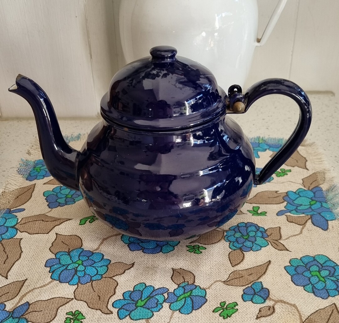 Vintage Blue Enamelware Teapot - Etsy