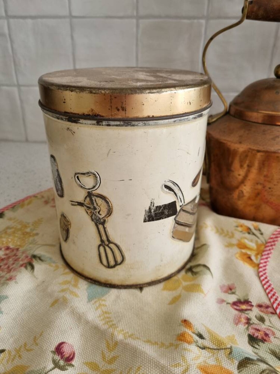 Vintage Kitchen Tin With Utensils Motif and Copper Coloured Lid Made in ...
