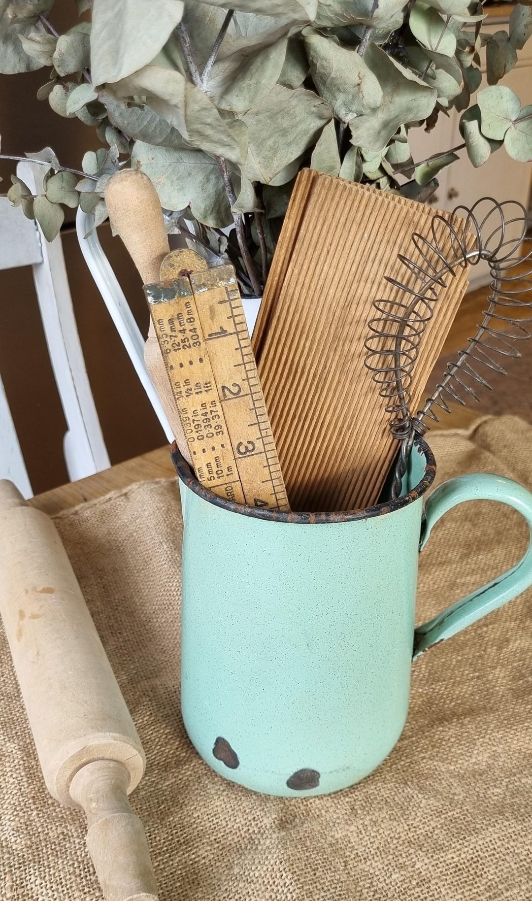 Vintage Green Enamelware Pitcher - Etsy