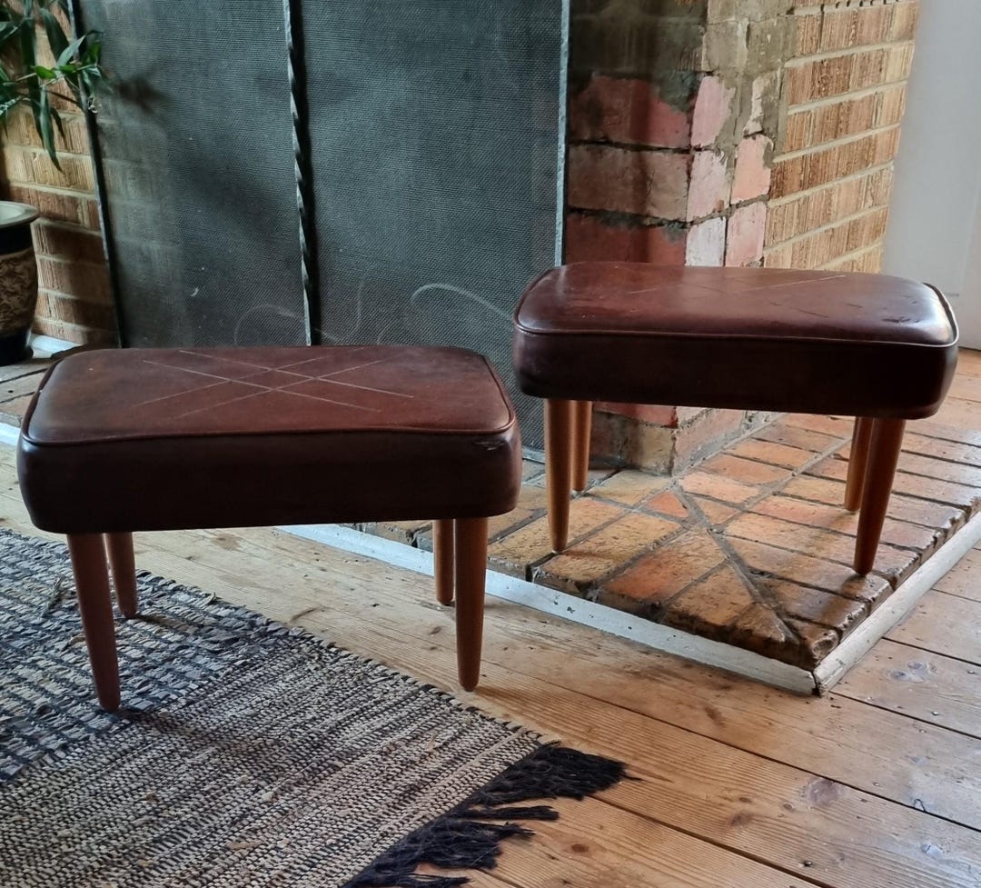 Set of Two Vintage Brown Vinyl Wooden Foot Stools - Etsy