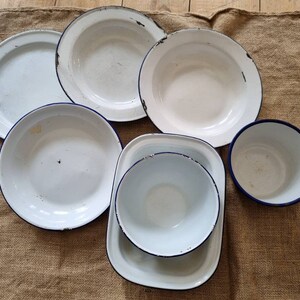 Vintage Set of 7 Odd White Enamelware Pieces With Blue Trim - Etsy