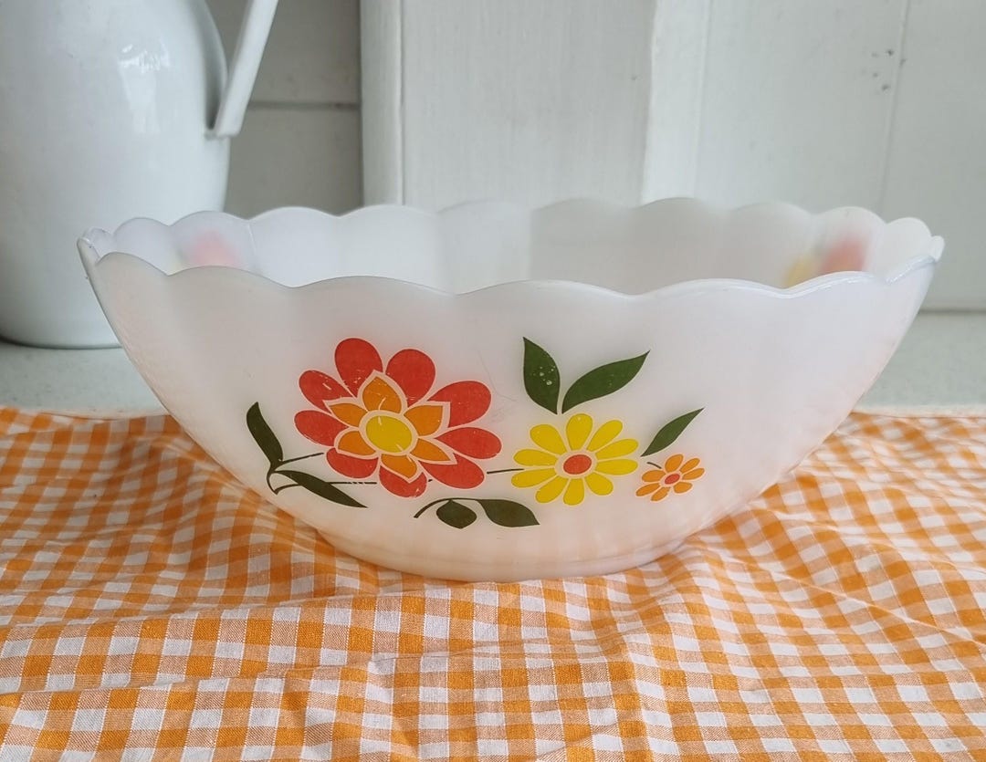 Vintage Arcopal Bowl With Bright Flowers - Etsy