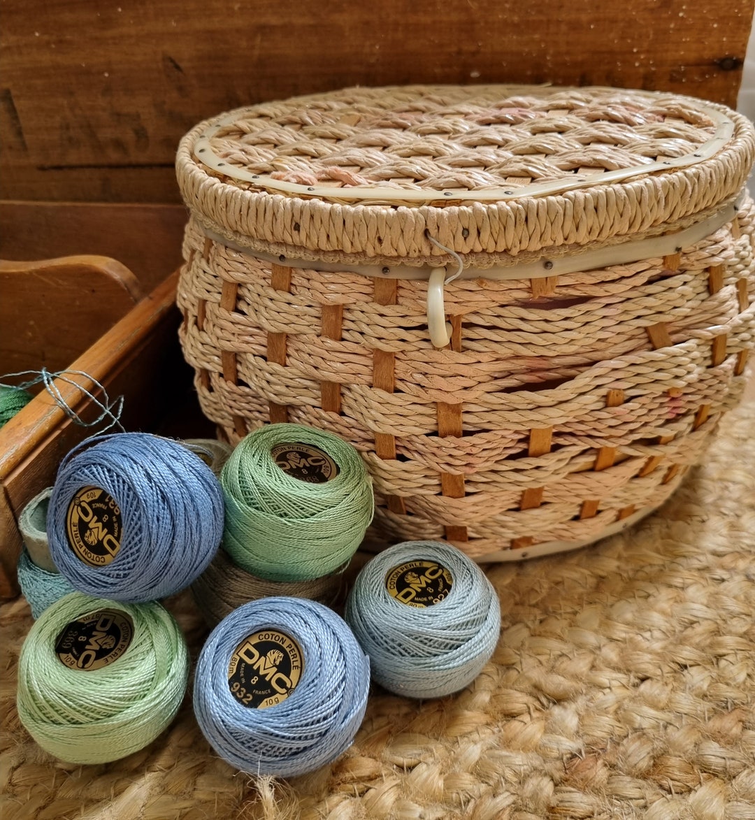 Vintage Round Basket Weave Sewing Basket - Etsy