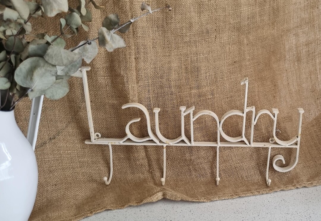 Vintage Cream Wrought Iron Laundry Sign With Hooks - Etsy