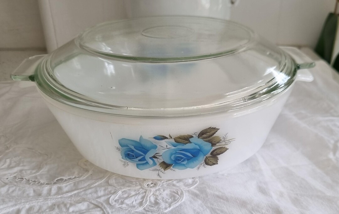 Vintage Phoenix Opalware Lidded Dish With Blue Rose - Etsy