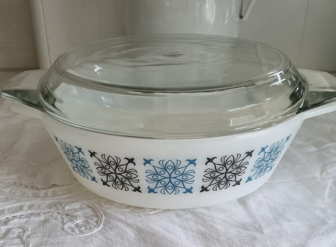 Vintage JAJ Pyrex Lidded Casserole Dish in Blue Stencil Design. - Etsy