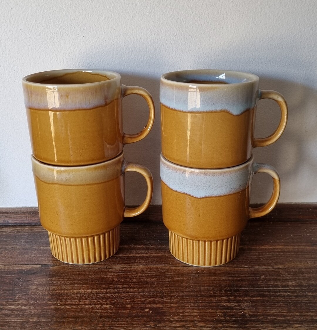 Set of Four Mustard Drip Glazed Retro Mugs - Etsy Australia