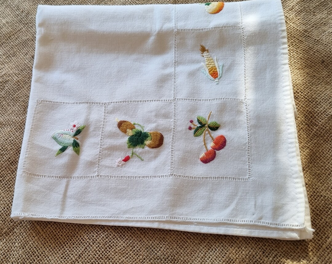 Vintage Cotton White Tea Towel With Hand Embroided Fruit as Its Design ...