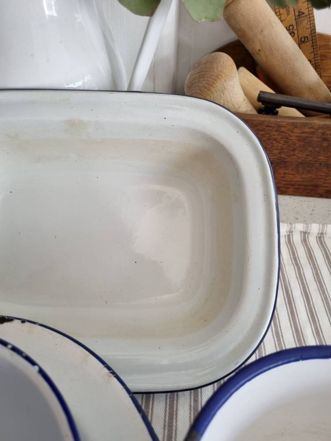 Vintage Set of 7 Odd White Enamelware Pieces With Blue Trim - Etsy