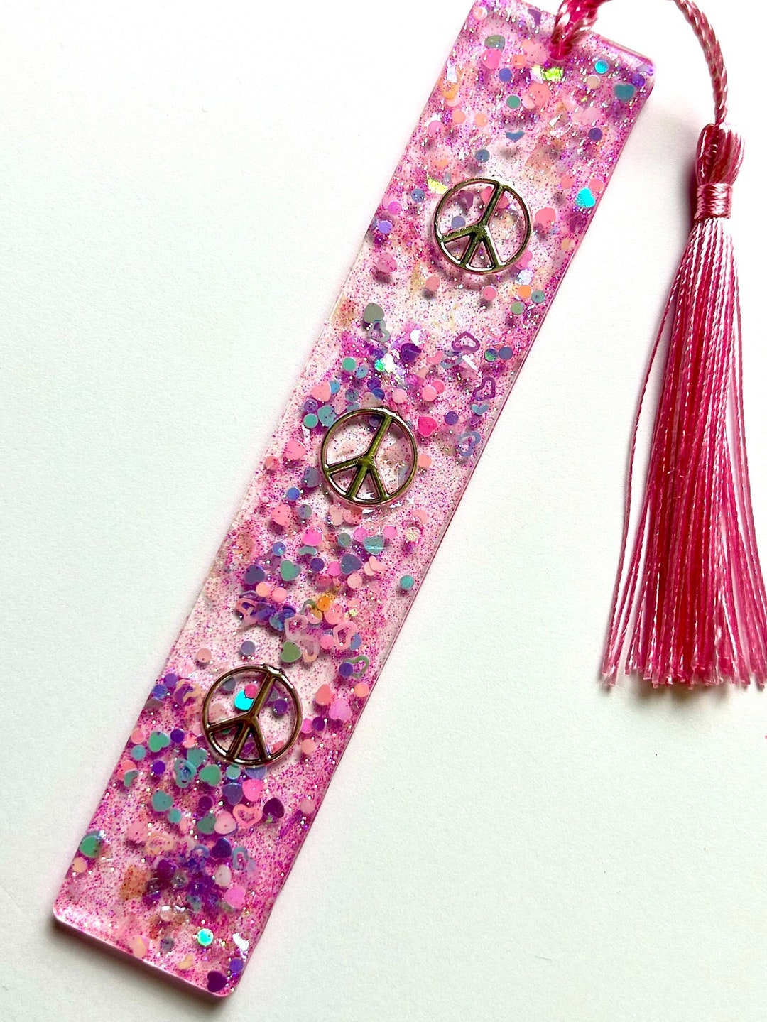 Light Pink Bookmark With Silver Peace Signs & Iridescent Holographic ...
