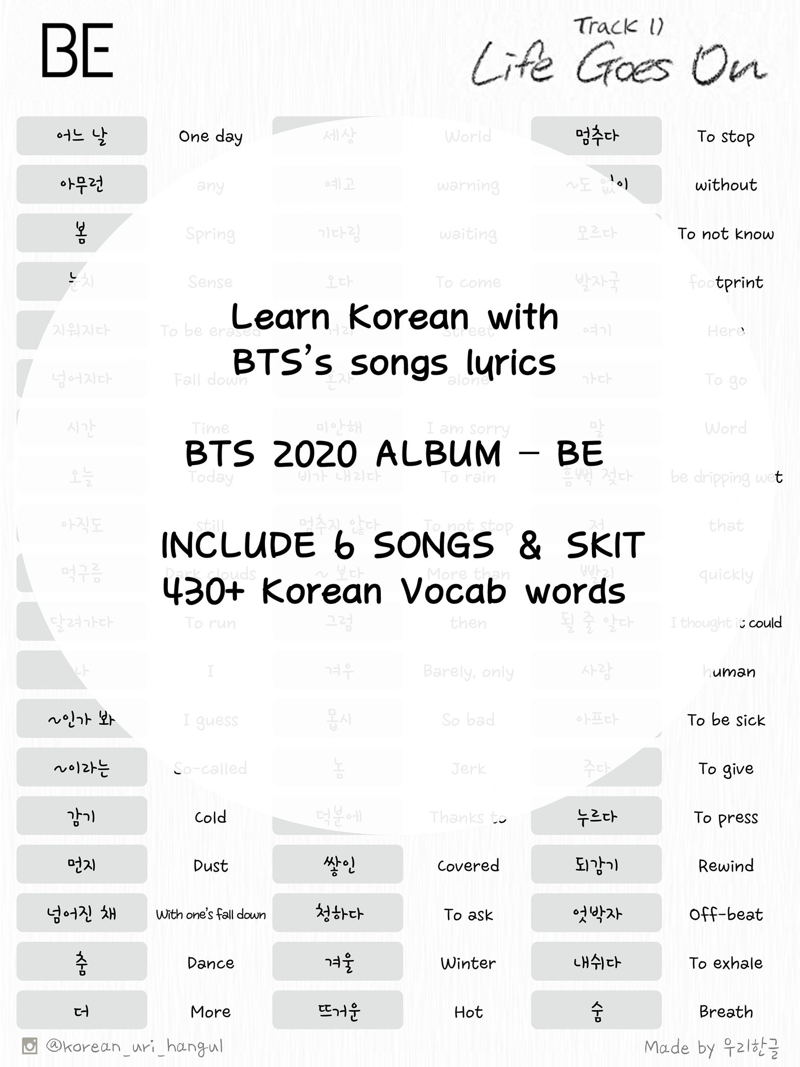 BTS BE Album Lyrics Vocabulary Lists 6 Songs & Skit - Etsy