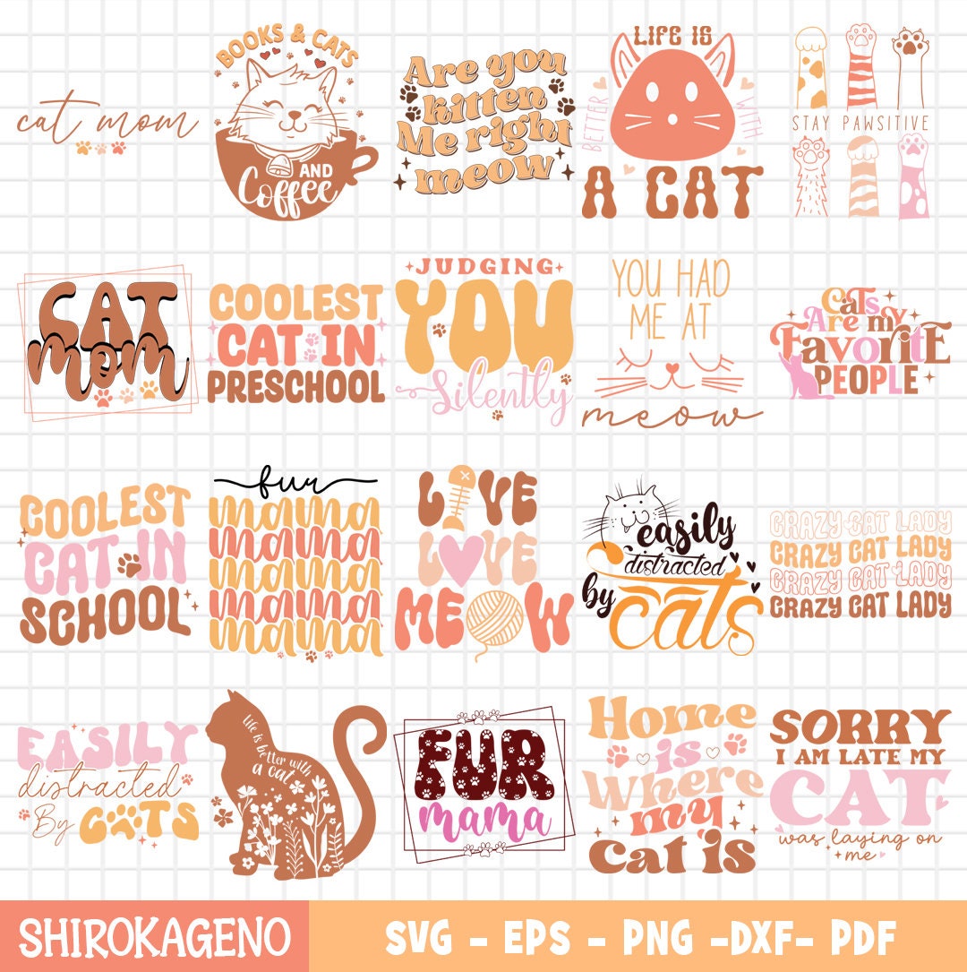 Retro Cat Quotes Svg Bundle, Cat Svg Bundle, Cat Face Svg, Cat Head Svg ...