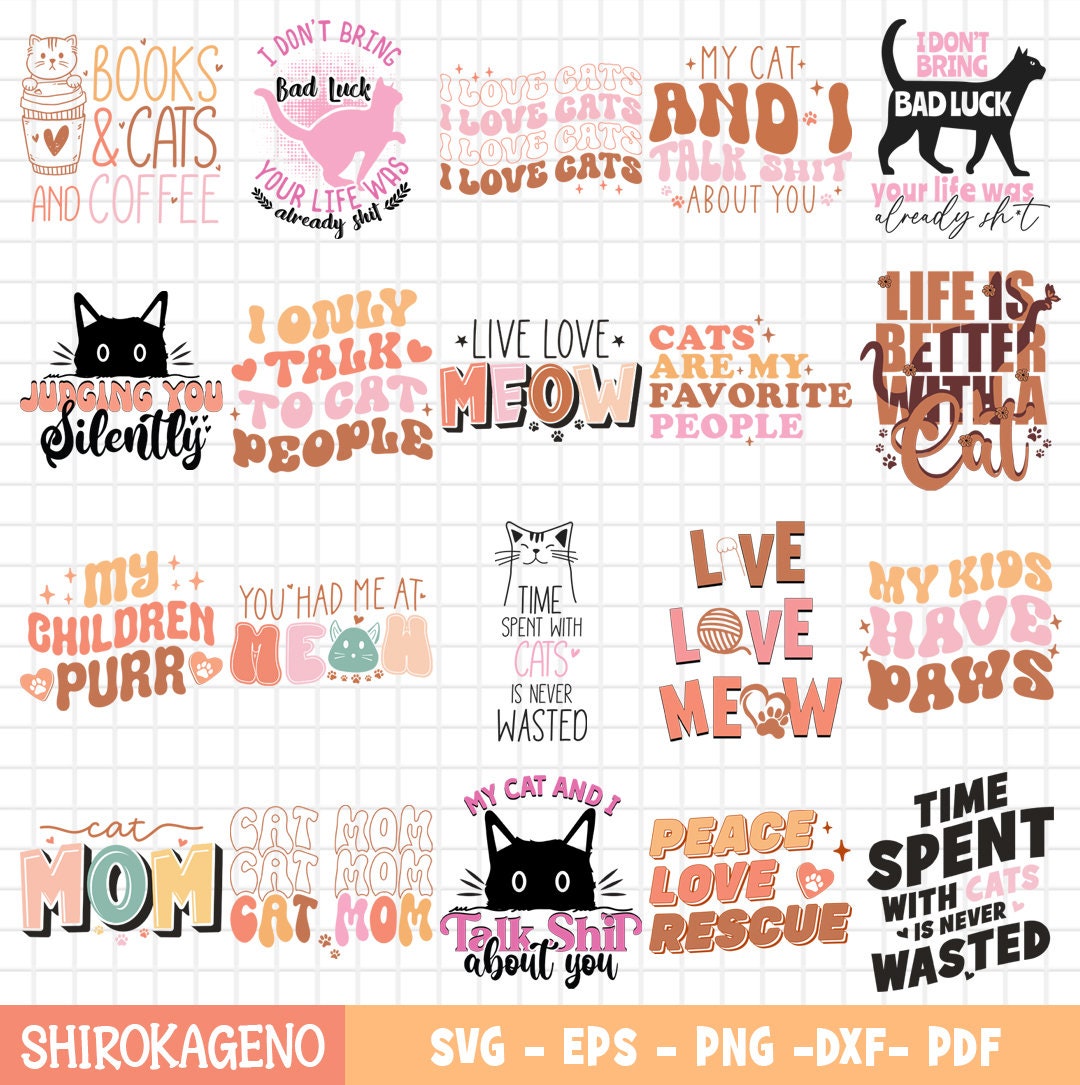 Retro Cat Quotes Svg Bundle, Cat Svg Bundle, Cat Face Svg, Cat Head Svg ...