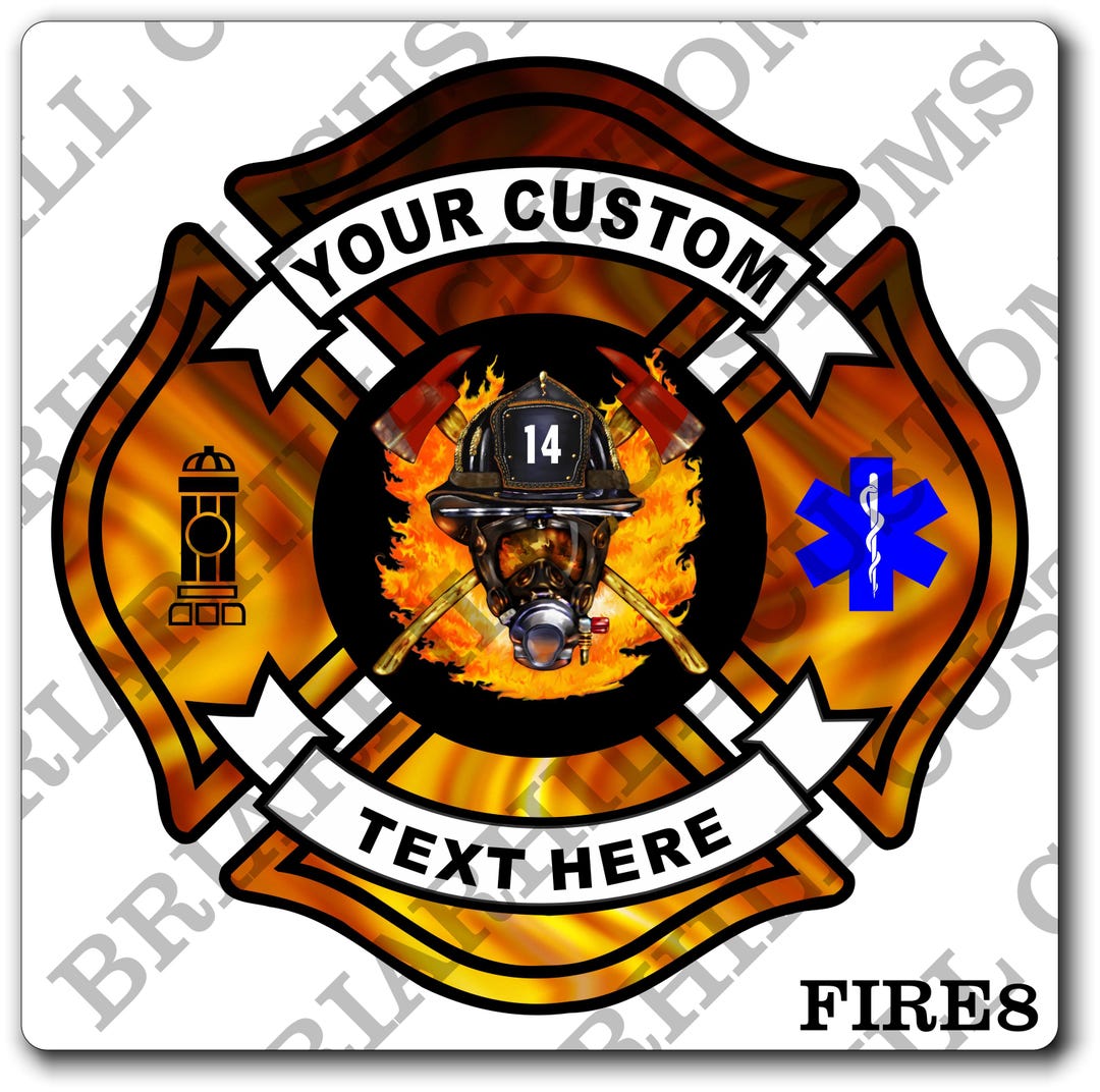 Custom Fire Department Flames Helmet & Axes Maltese Decal, Sticker ...