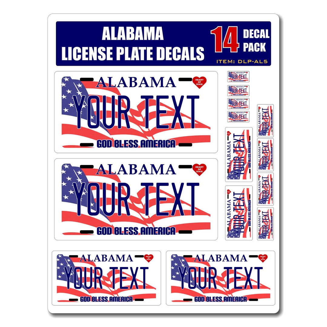 Personalized Alabama License Plate Decals - Stickers Version 5 ( Sheet ...