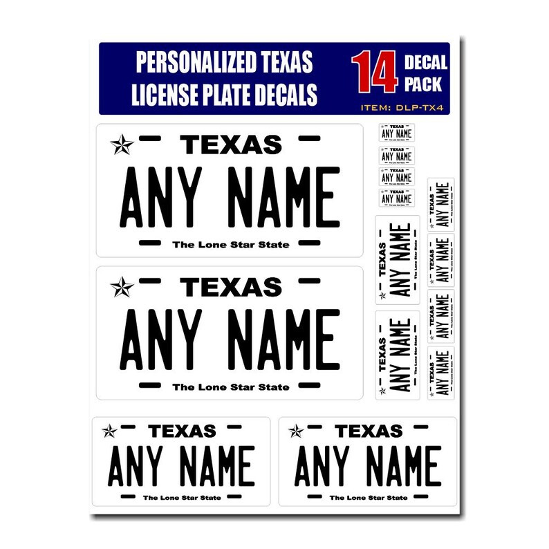 Personalized Texas License Plate Decals - Stickers Version 4 ( Sheet of ...