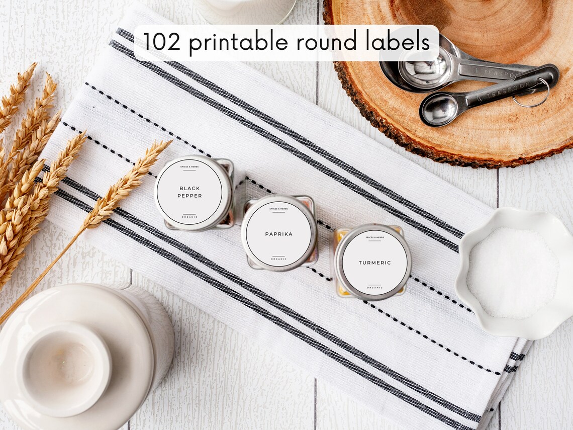 Spices and Herbs Round White Labels Template, DIY Kitchen Organization ...