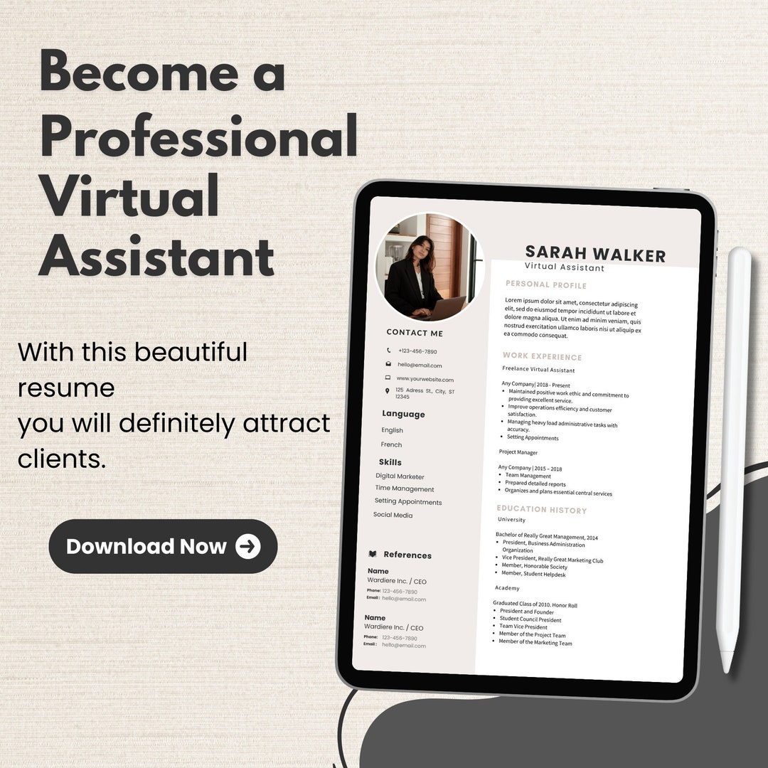 Virtual Assistant Resume, Freelancer Resume, Editable in Canva, Pdf ...