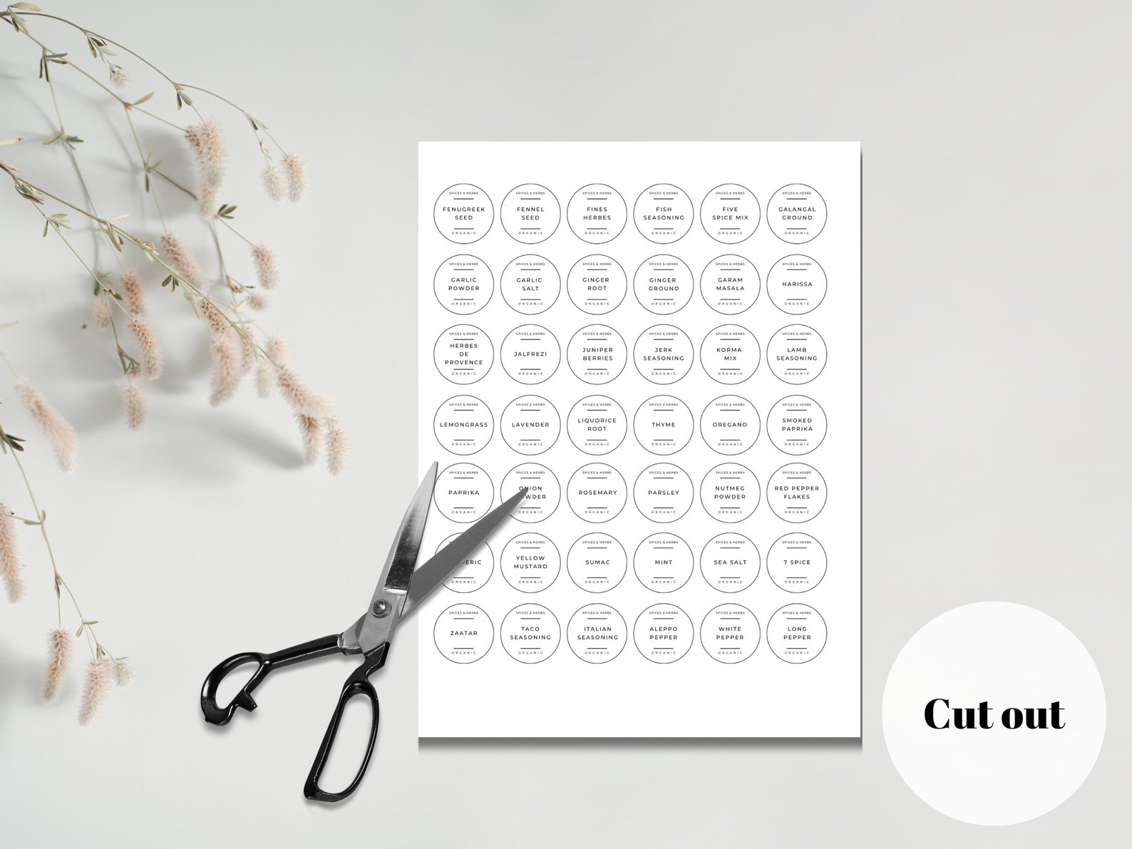 Spices and Herbs Round White Labels Template, DIY Kitchen Organization ...