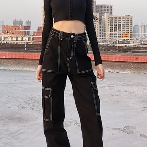 Harajuku High Waisted Pants & White Thread Black Cotton Jeans - Etsy