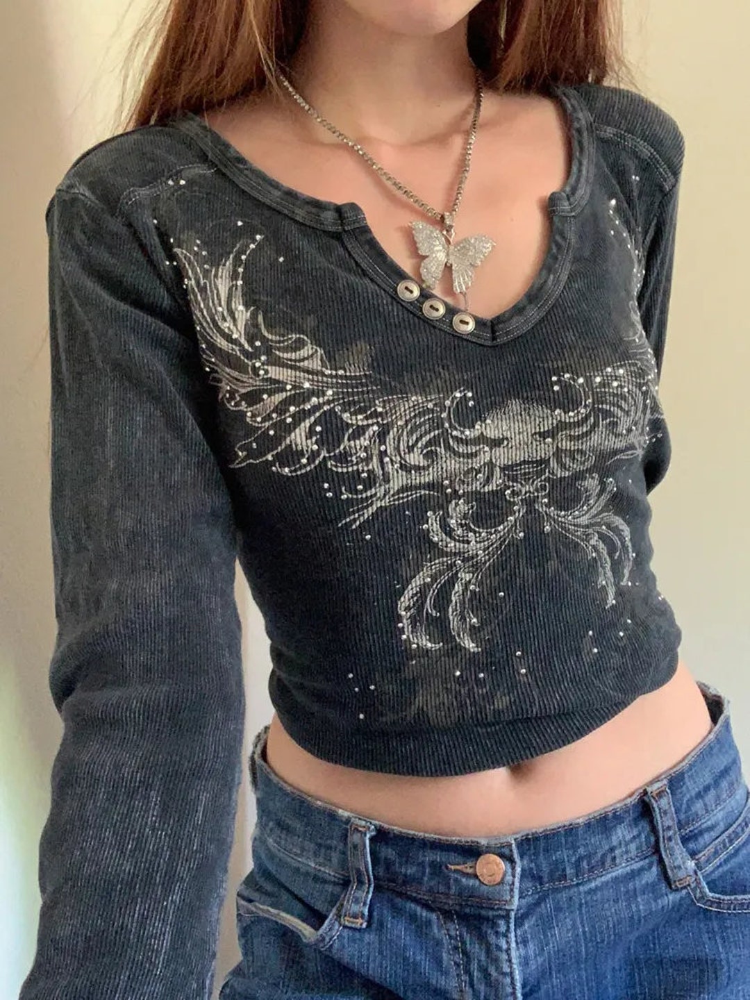 Y2K Basic Printed Long Sleeve Crop Top & Graphic T-shirt - Etsy UK