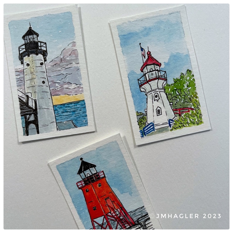 Hand-painted Miniature Lighthouses Lake Michigan Lighthouse Art Nautical Wall Art Original ...