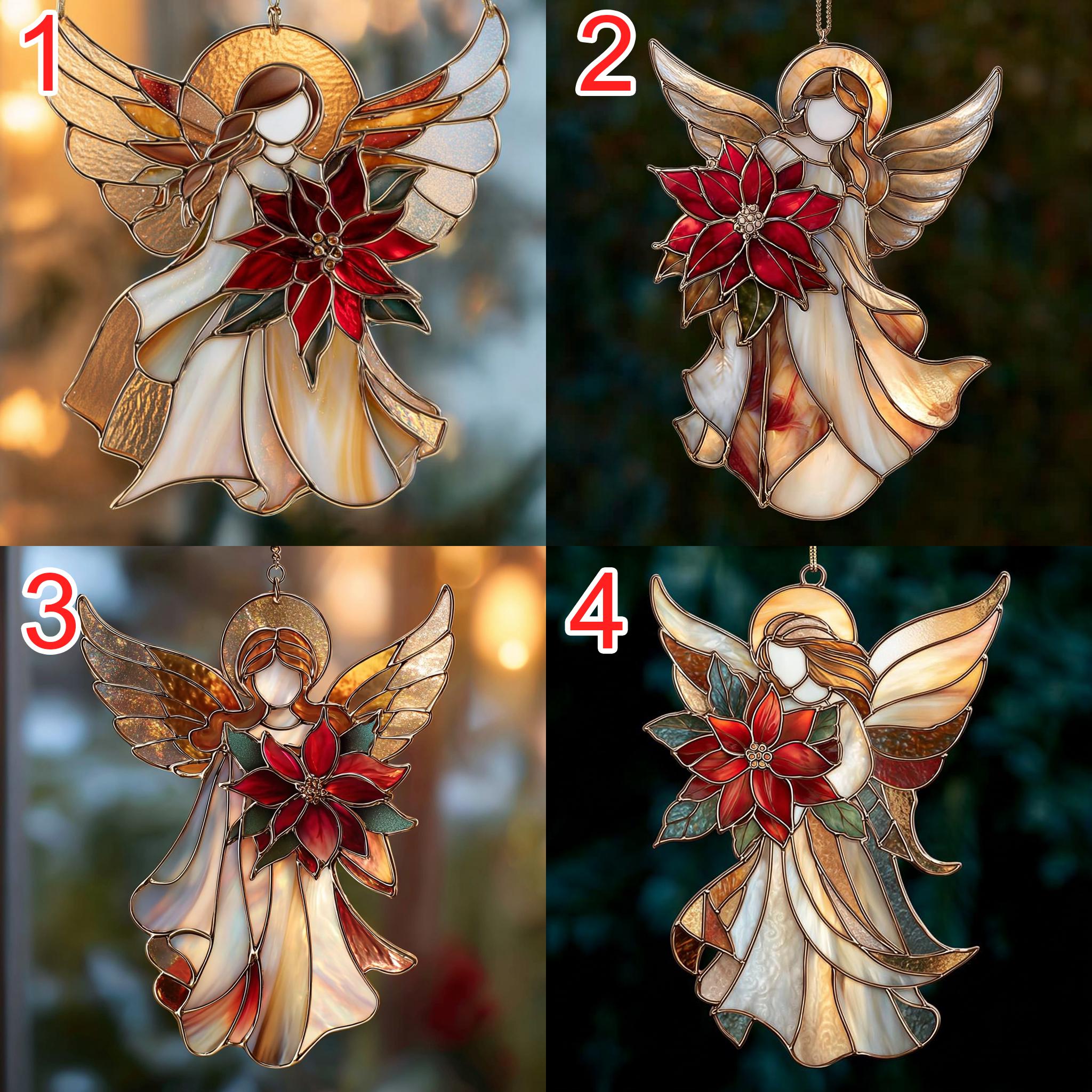 Christmas Angel Suncatcher, Poinsettia Faux Stained Glass Art - Etsy