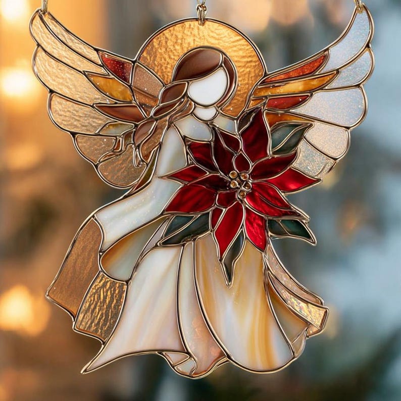 Christmas Angel Suncatcher, Poinsettia Faux Stained Glass Art - Etsy