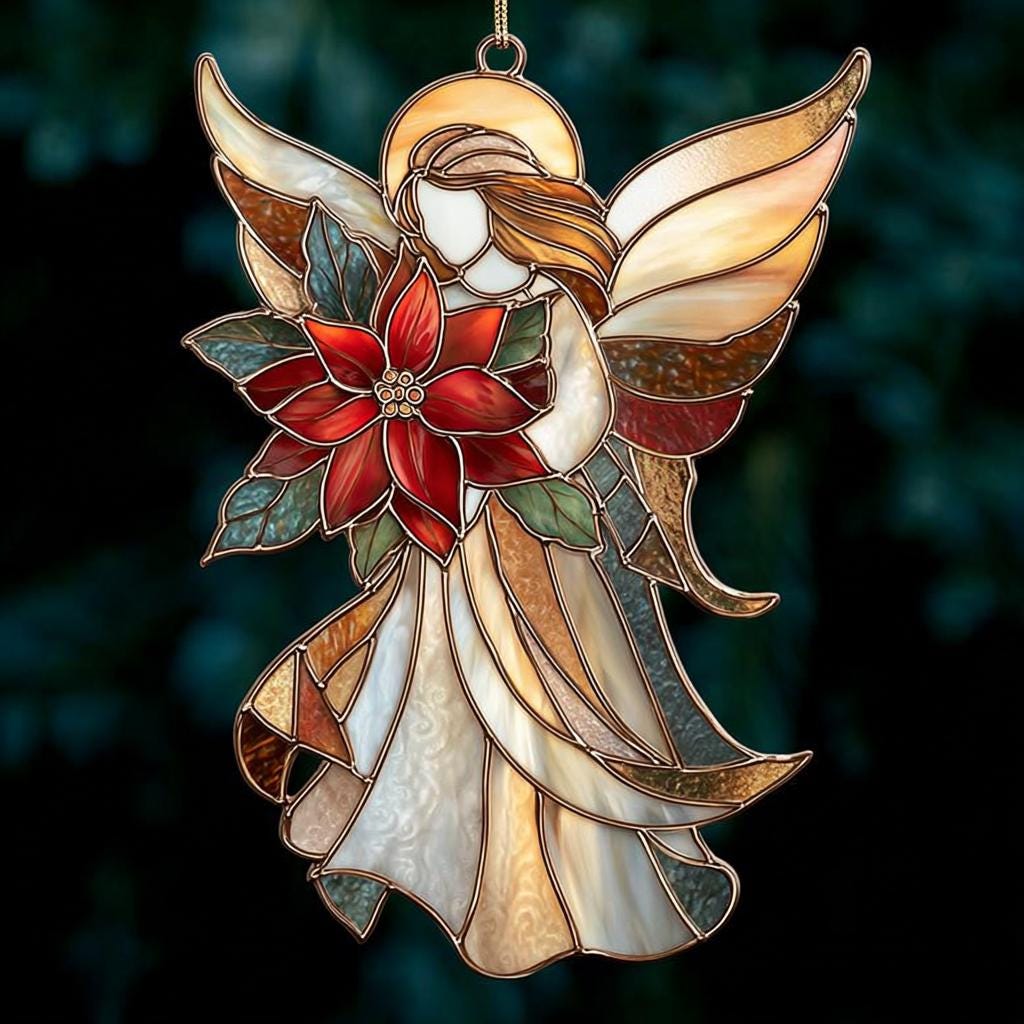 Christmas Angel Suncatcher, Poinsettia Faux Stained Glass Art - Etsy