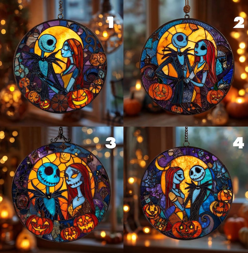 Jack and Sally Stained Glass Suncatcher: Halloween Window Decor - Etsy