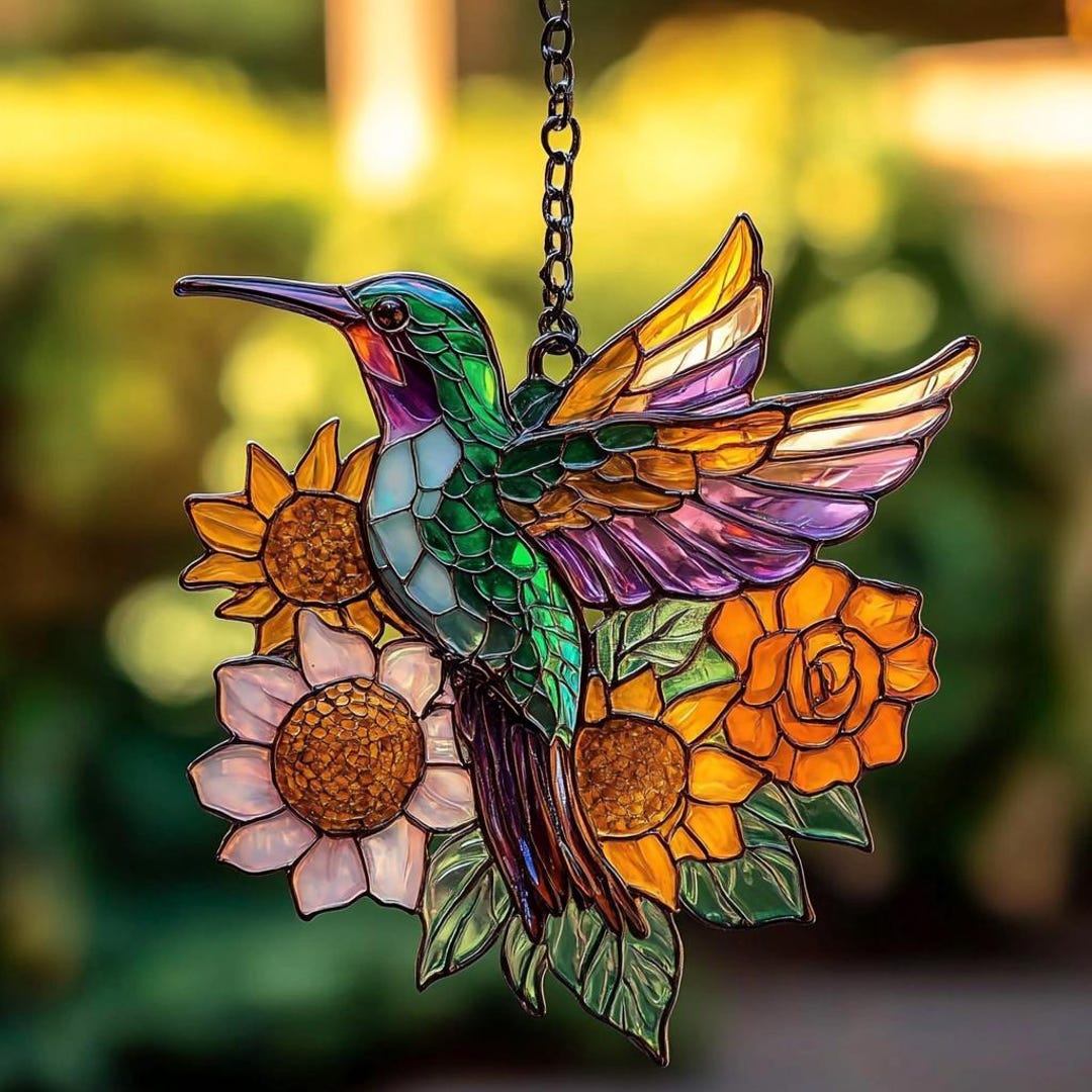 Hummingbird Window Hanging Suncatcher, Faux Stained Glass Hummingbirds ...