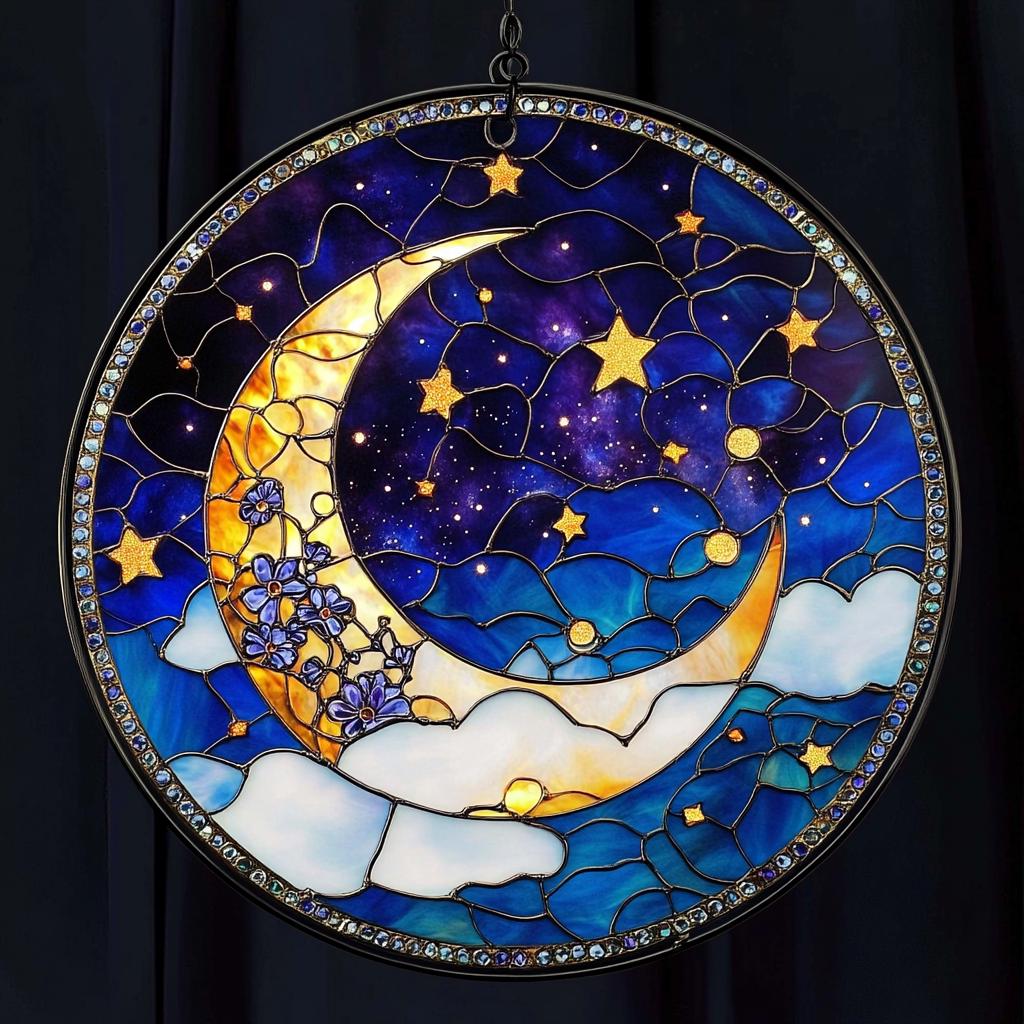 Moon and Star Stained Glass Suncatcher: Celestial Window Ornament - Etsy