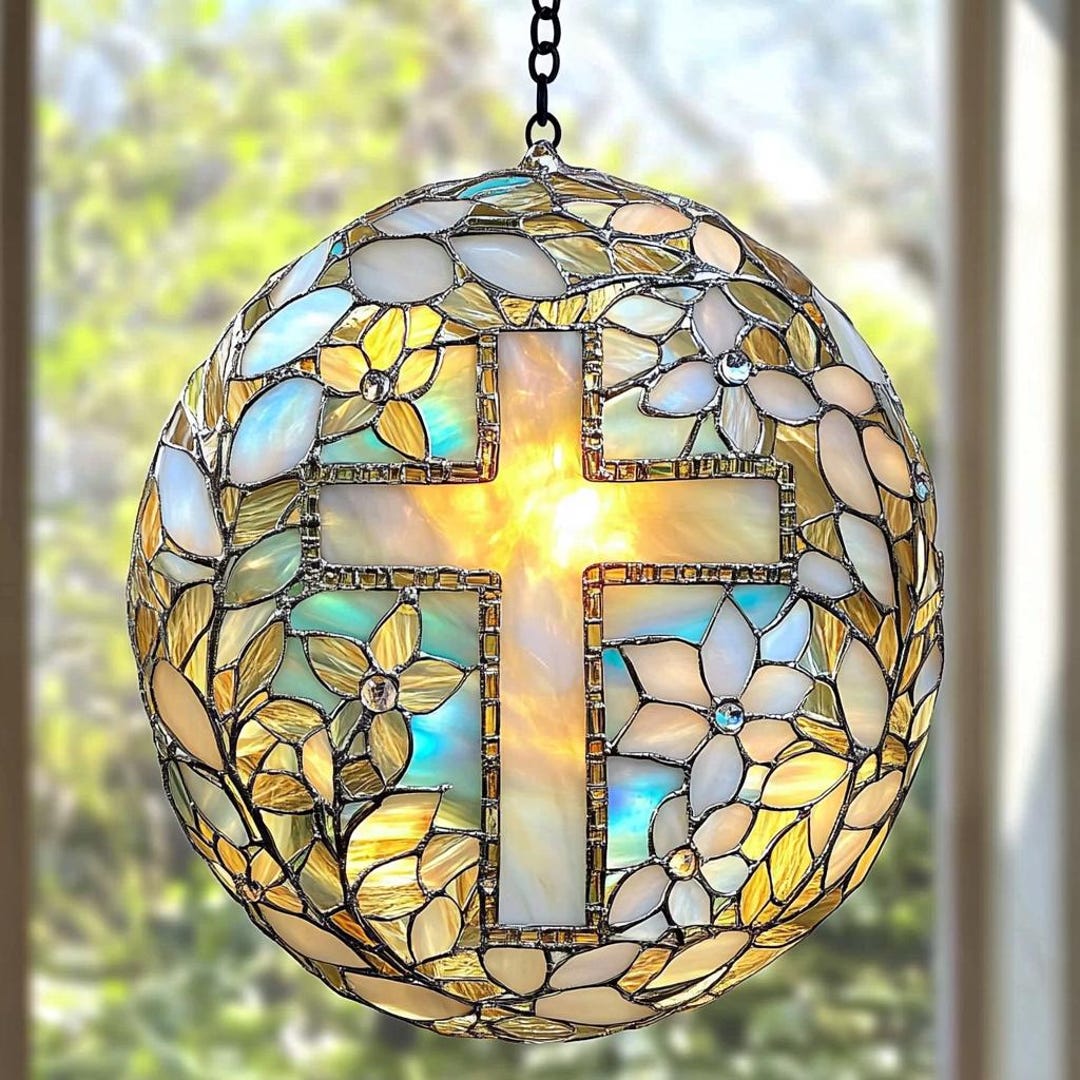 Stained Glass Cross Suncatcher: Leaf Decor, Christian Easter Gift - Etsy