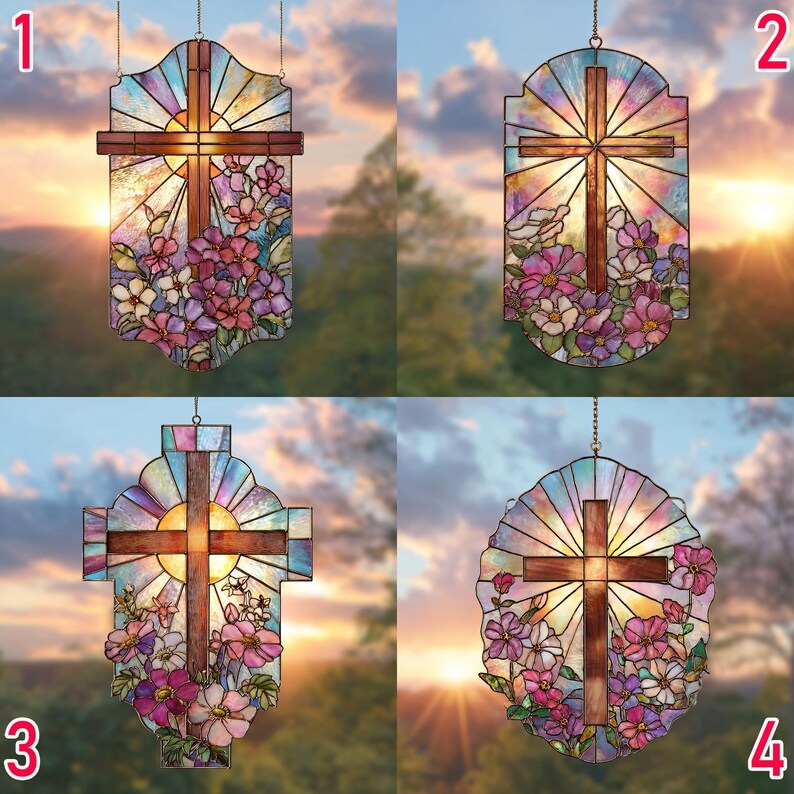 Stained Glass Cross Suncatcher: Wildflower Christian Window Decor - Etsy