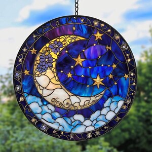Moon and Star Stained Glass Suncatcher: Celestial Window Ornament - Etsy