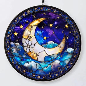 Moon and Star Stained Glass Suncatcher: Celestial Window Ornament - Etsy