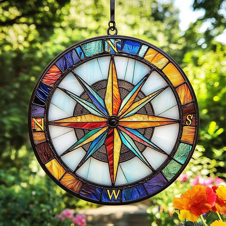 Stained Glass Compass Rose Suncatcher: Nautical Window Ornament - Etsy