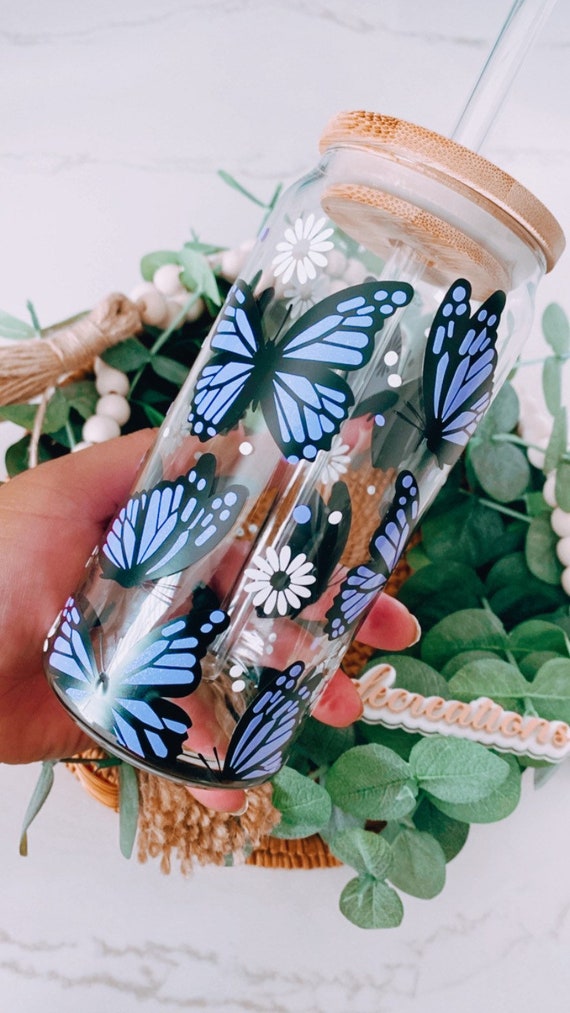 Butterfly Glass Cup Iced Coffee Glitter Purple Butterfly - Etsy