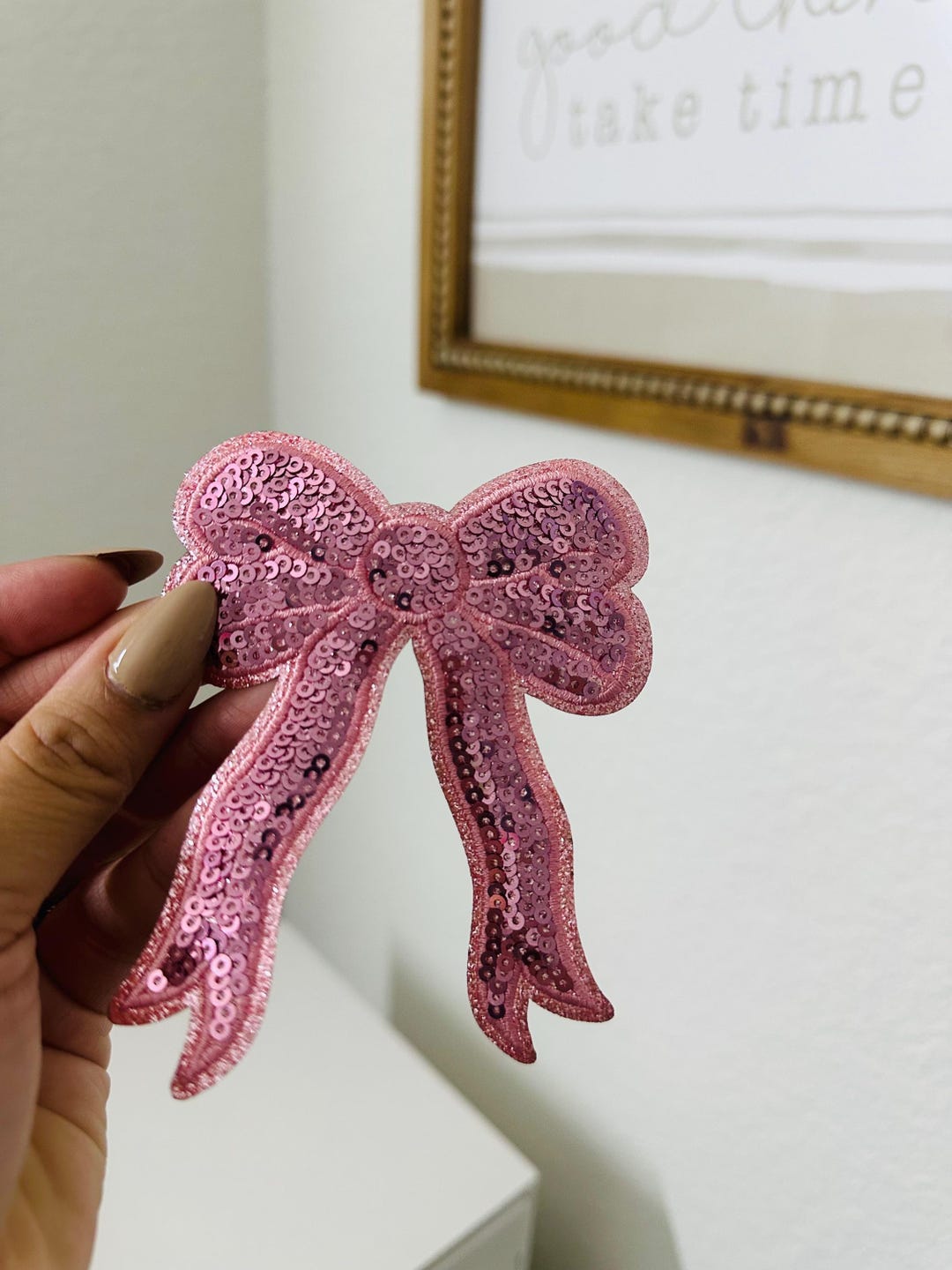 Small Pink Bow | Bow Iron on Patch | Sequin Bow | Sweater Patches ...