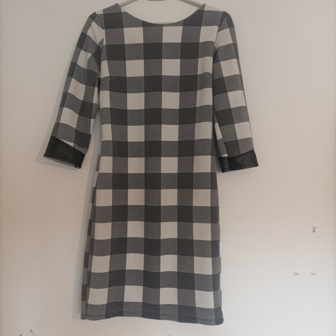 Black & White Checkered Print Long Sleeve Skater Dress Three-quarter ...